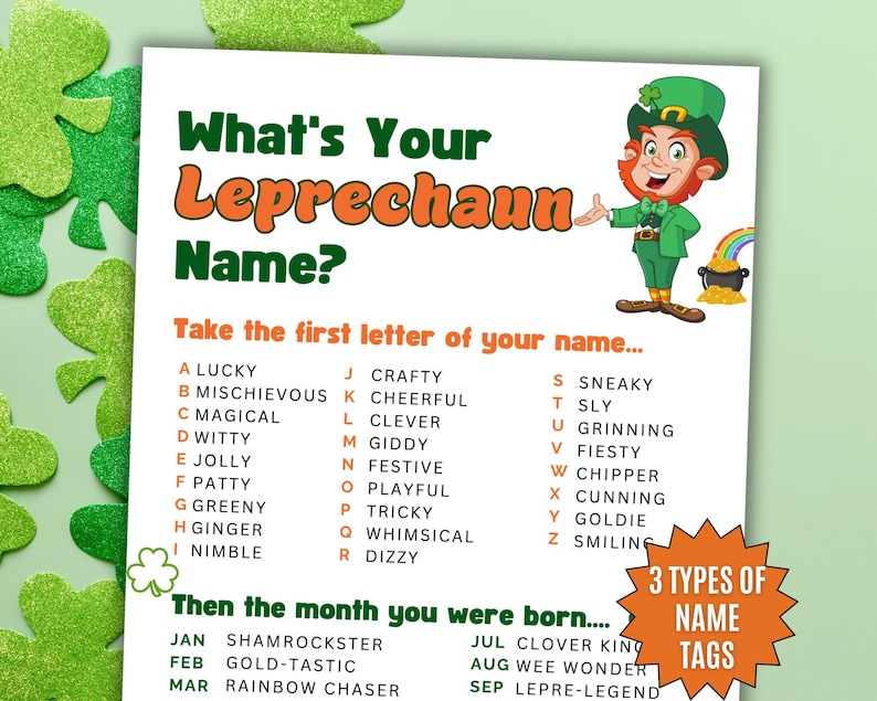 What's Your Leprechaun Name Game NAME TAGS + SIGN, Irish Trivia Party ...