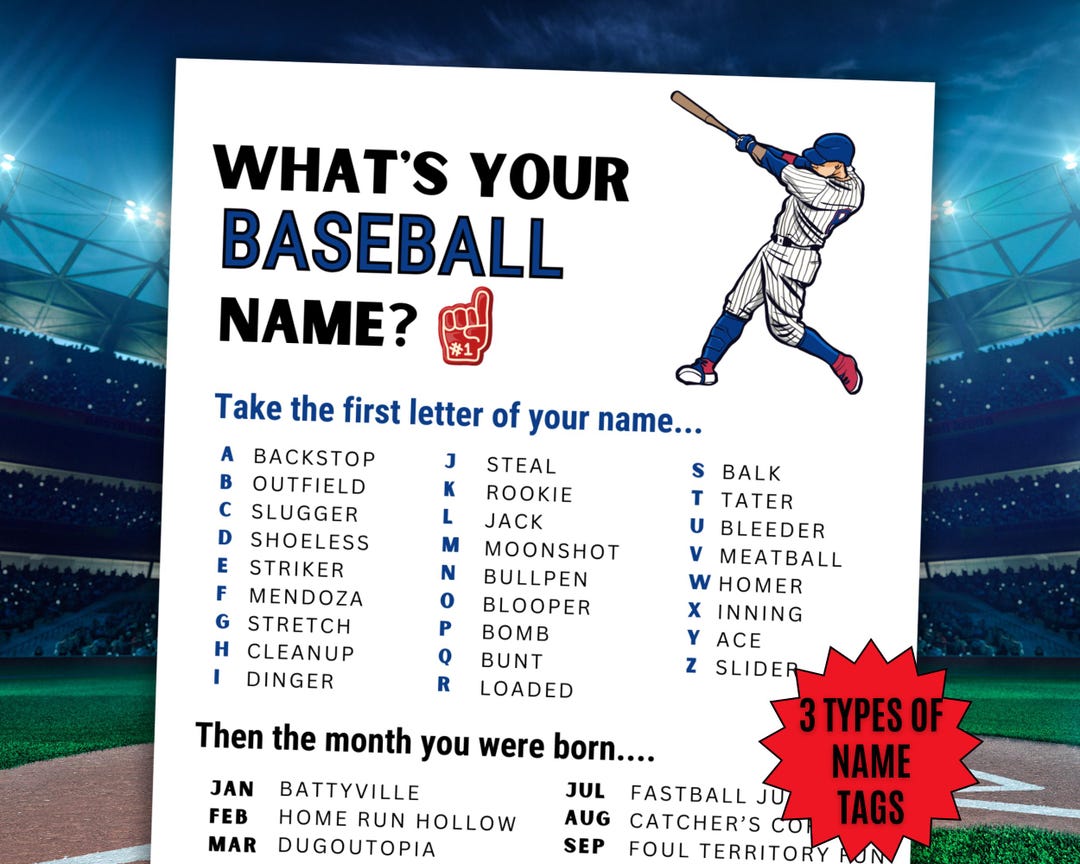 What's Your Baseball Name Game, NAME TAGS + Sign, Baseball-themed Game ...
