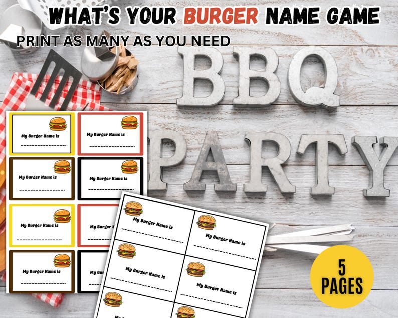 What's Your Burger Name Game NAME TAGS + Sign, BBQ Party, Cookout ...