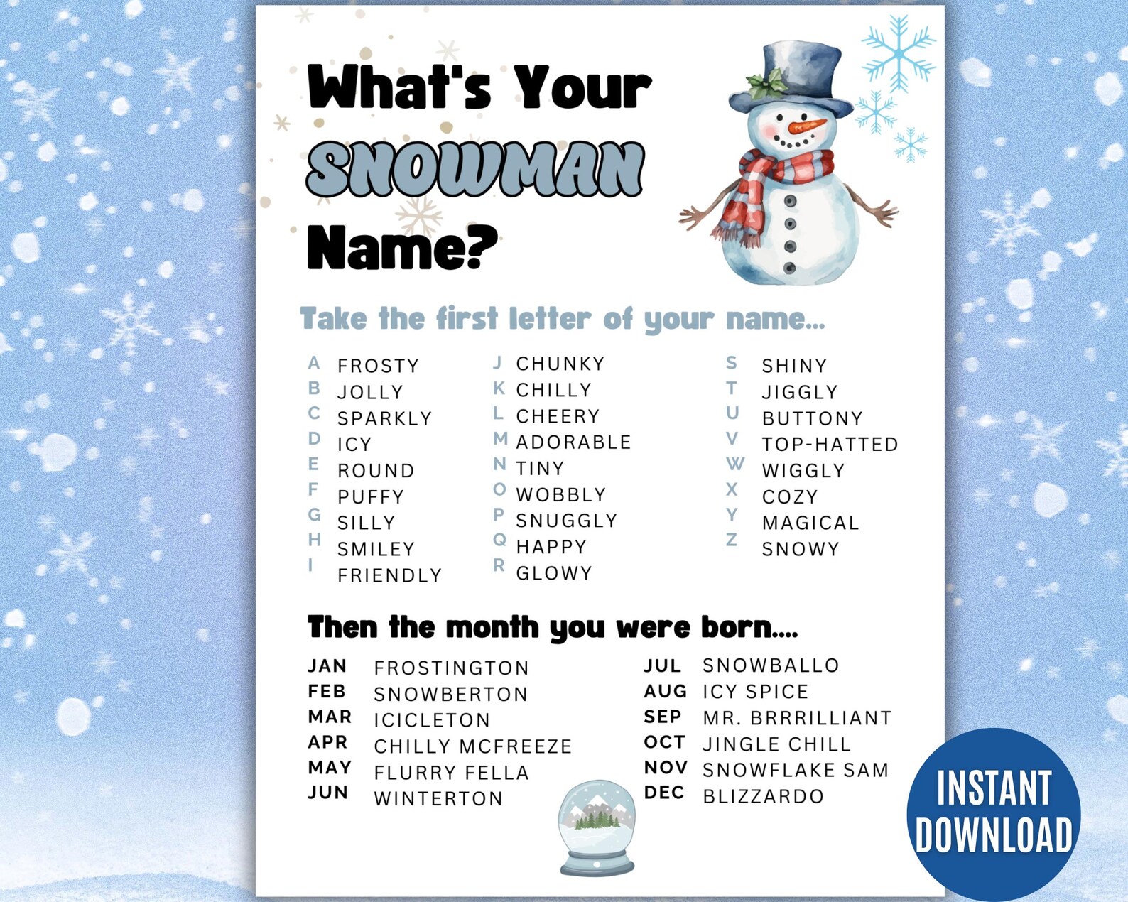What's Your Snowman Name Game NAME TAGS + SIGN, Printable Holiday Party ...