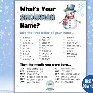 What's Your Snowman Name Game NAME TAGS SIGN, Printable Holiday Party ...