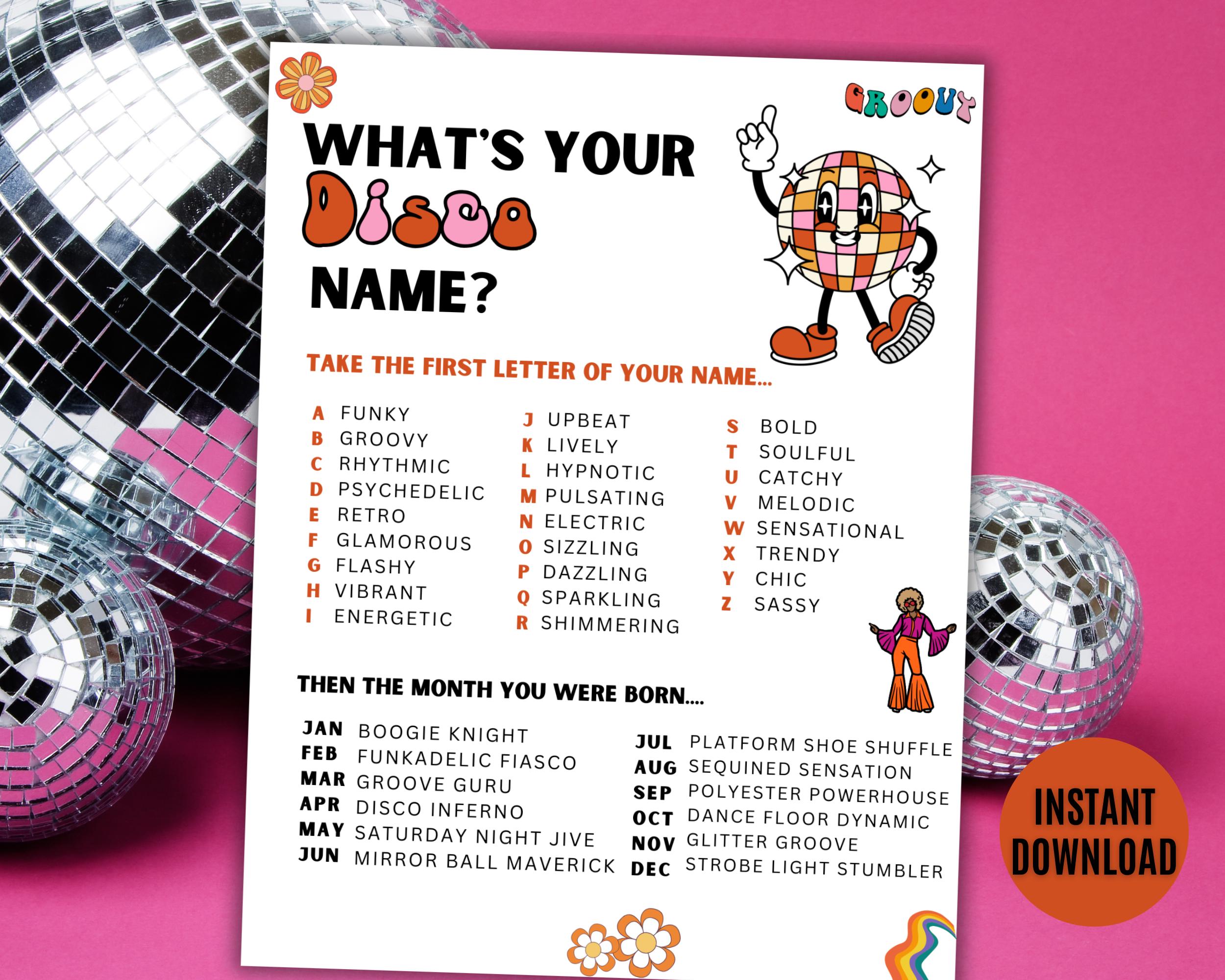 What's Your Disco Name Game, NAME TAGS + SIGN, Birthday Dance Party ...