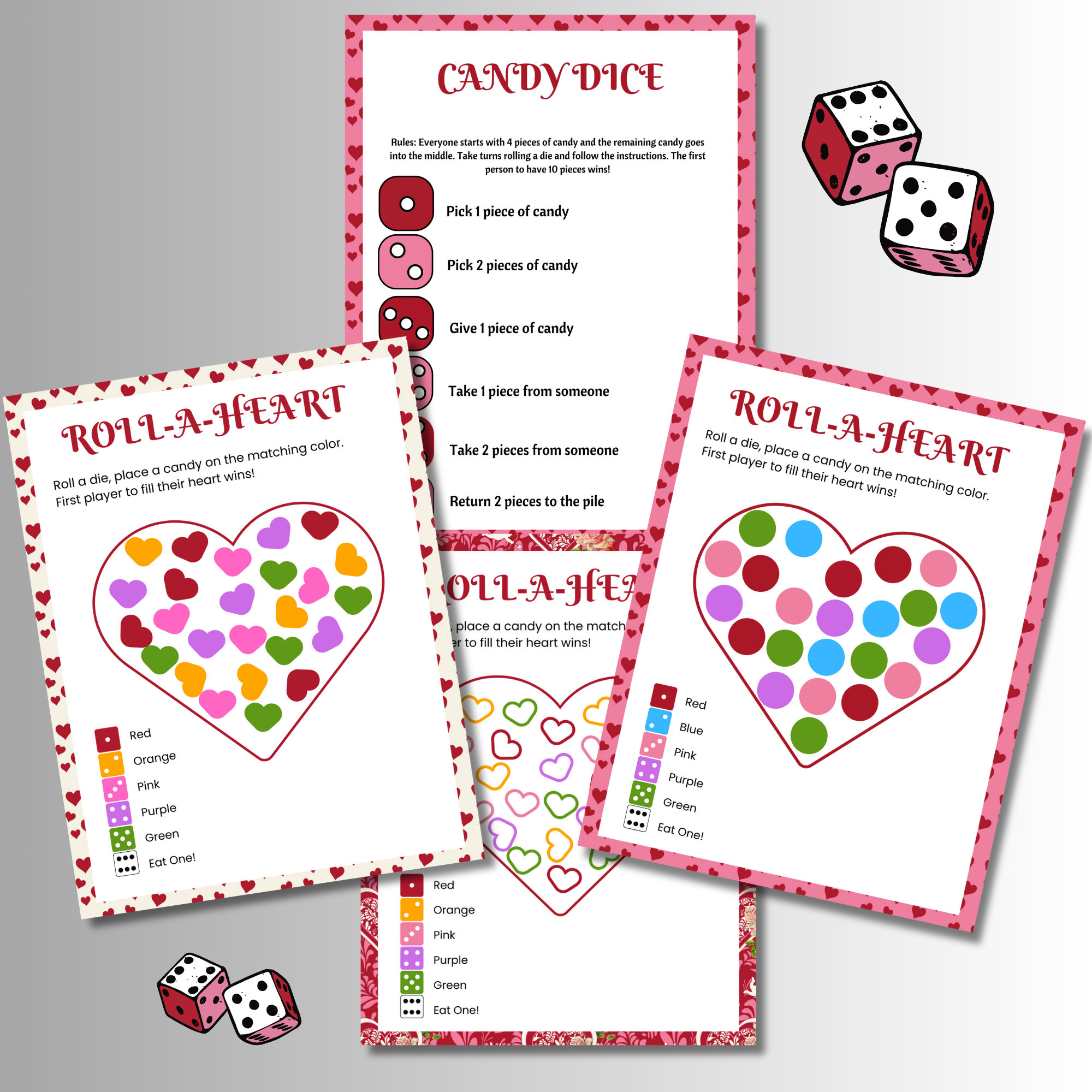 Valentine's Day Candy Game, Printable Rolling Hearts Valentine Games ...