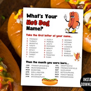 What's Your Hot Dog Name Game, NAME TAGS +signs, Kids Hot Dogs Party ...