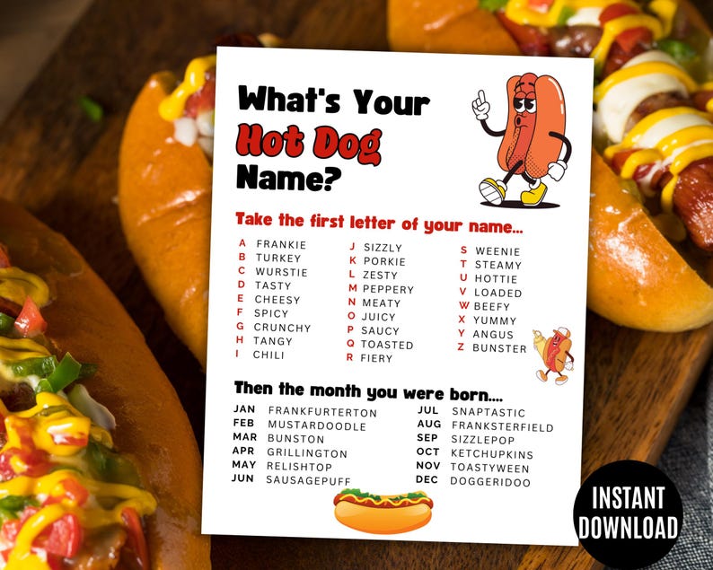 What's Your Hot Dog Name Game, NAME TAGS +signs, Kids Hot Dogs Party ...