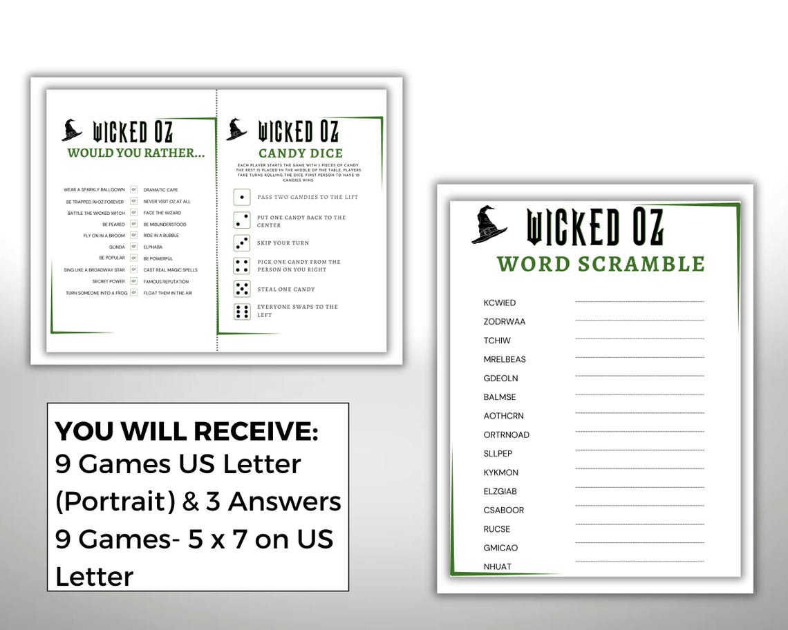 Wicked Oz Themed Games Bundle, Wicked Movie Musical Themed Party ...