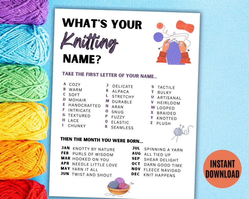 What's Your Knitting Name Game NAME TAGS + SIGN, Knit Enthusiast ...