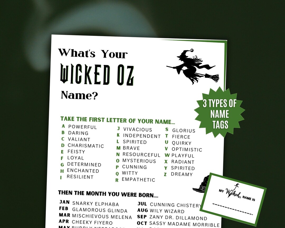 What's Your Wicked Oz Name Game, NAME TAGS + SIGN, Wicked Movie Musical ...