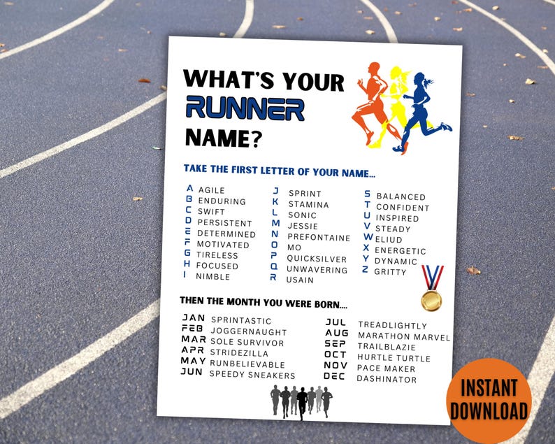 What's Your Runner Name Game, NAME TAGS + SIGN, Athletics Themed Sports ...