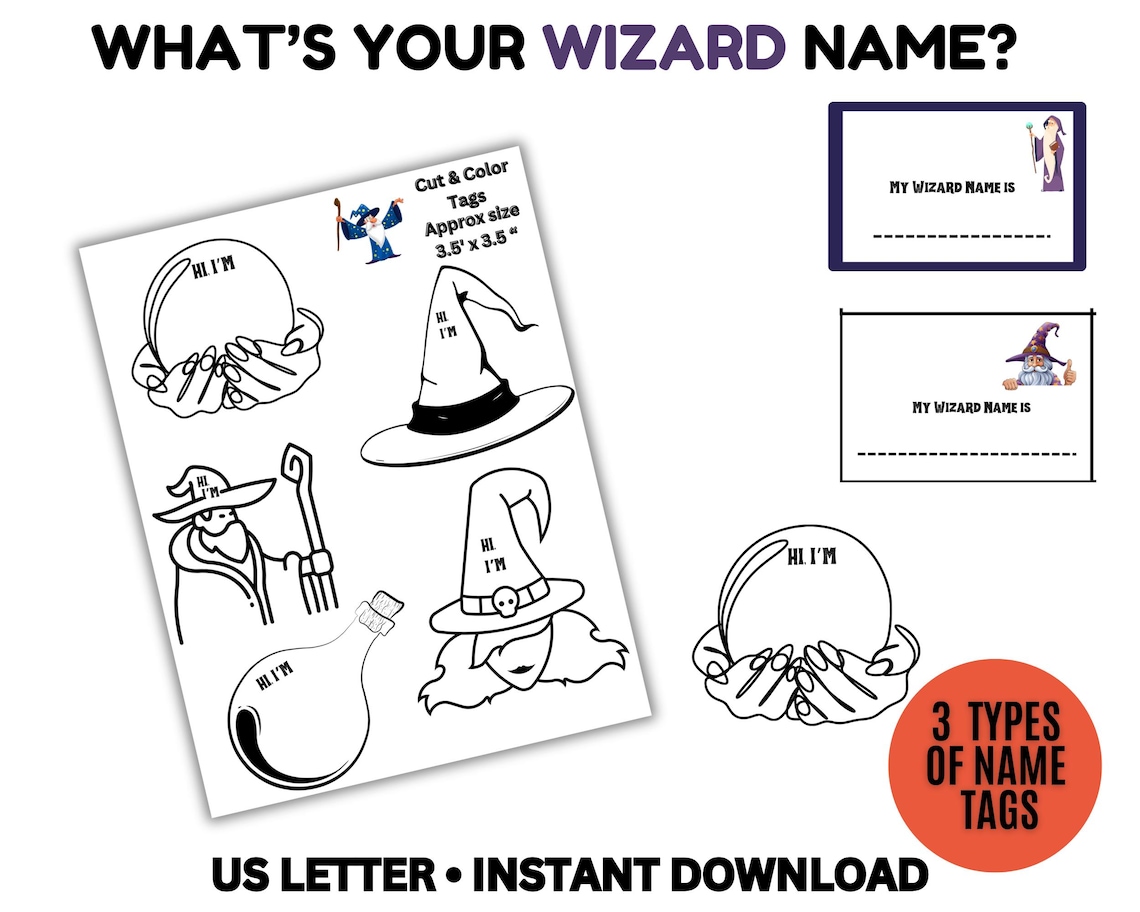 What's Your Wizard Name Game NAME TAGS & SIGN, Wizard Birthday Party ...