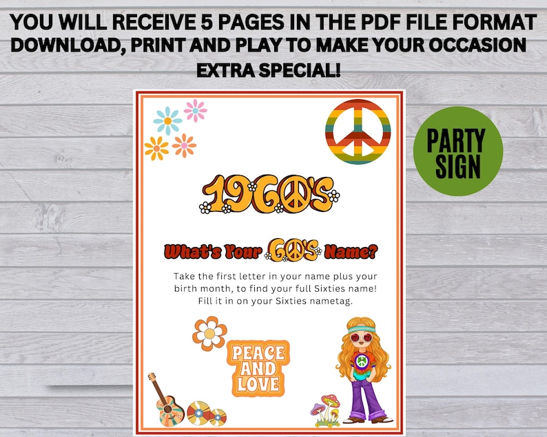 What's Your 60s Name Game, NAME TAGS + SIGN, Groovy 60s Party, Disco ...