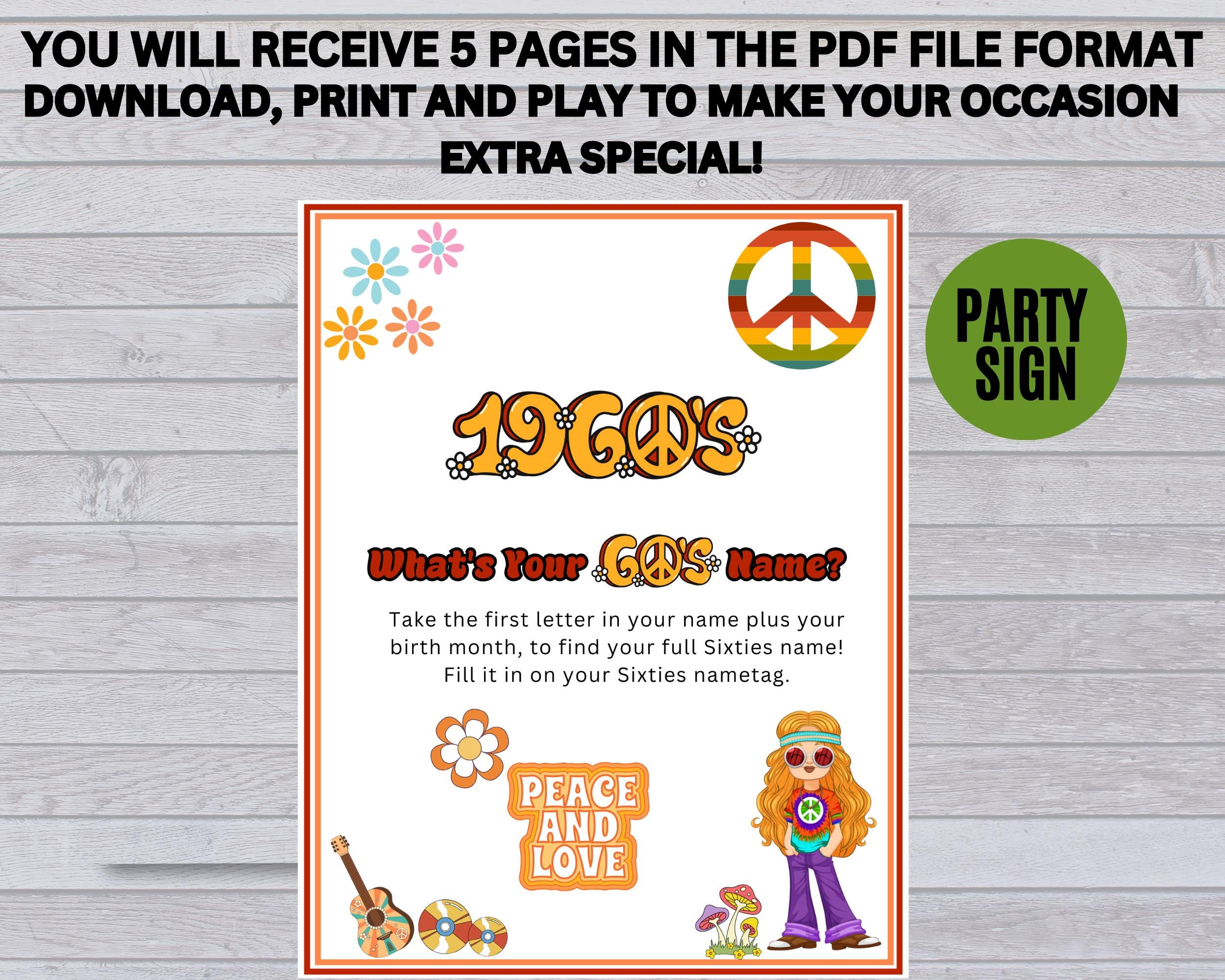 What's Your 60s Name Game, NAME TAGS + SIGN, Groovy 60s Party, Disco ...