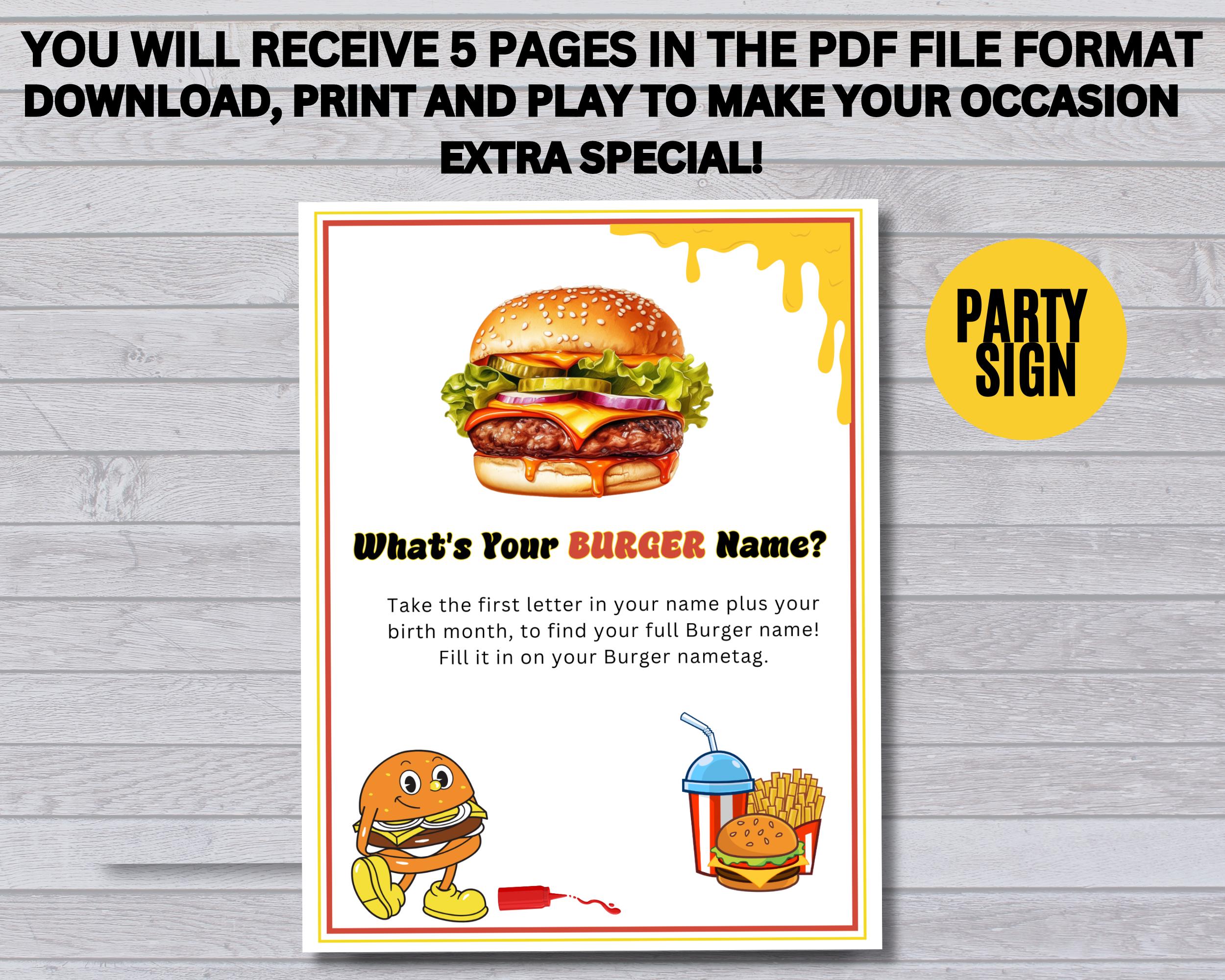 What's Your Burger Name Game NAME TAGS + Sign, BBQ Party, Cookout ...