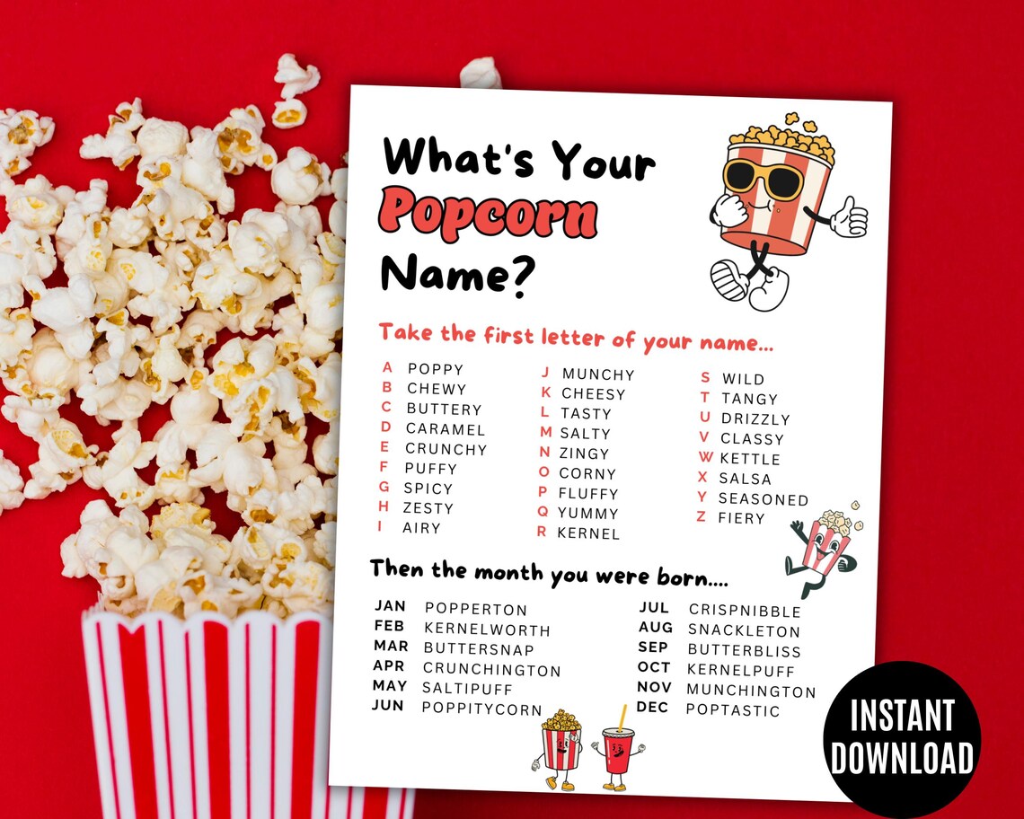 What's Your Popcorn Name Game NAME TAGS + SIGN, Movie Night Games ...