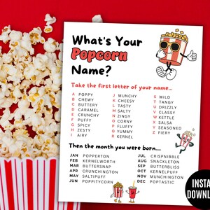 What's Your Popcorn Name Game NAME TAGS + SIGN, Movie Night Games ...