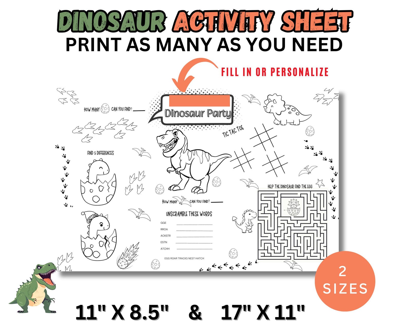 Dinosaur-themed Colorable Placemat, Printable Party Paper Birthday ...
