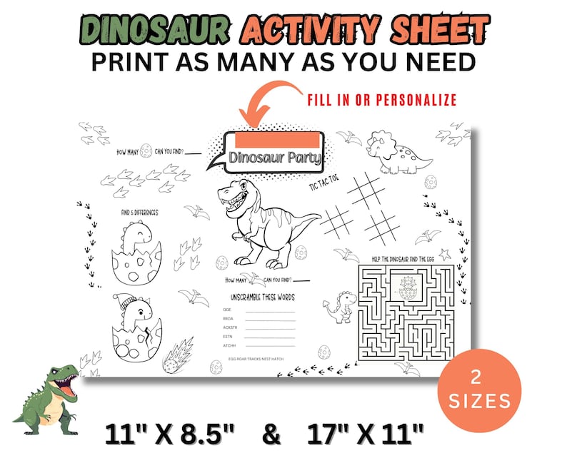 Dinosaur Birthday Activity Sheet, Printable Party Paper Placemat ...