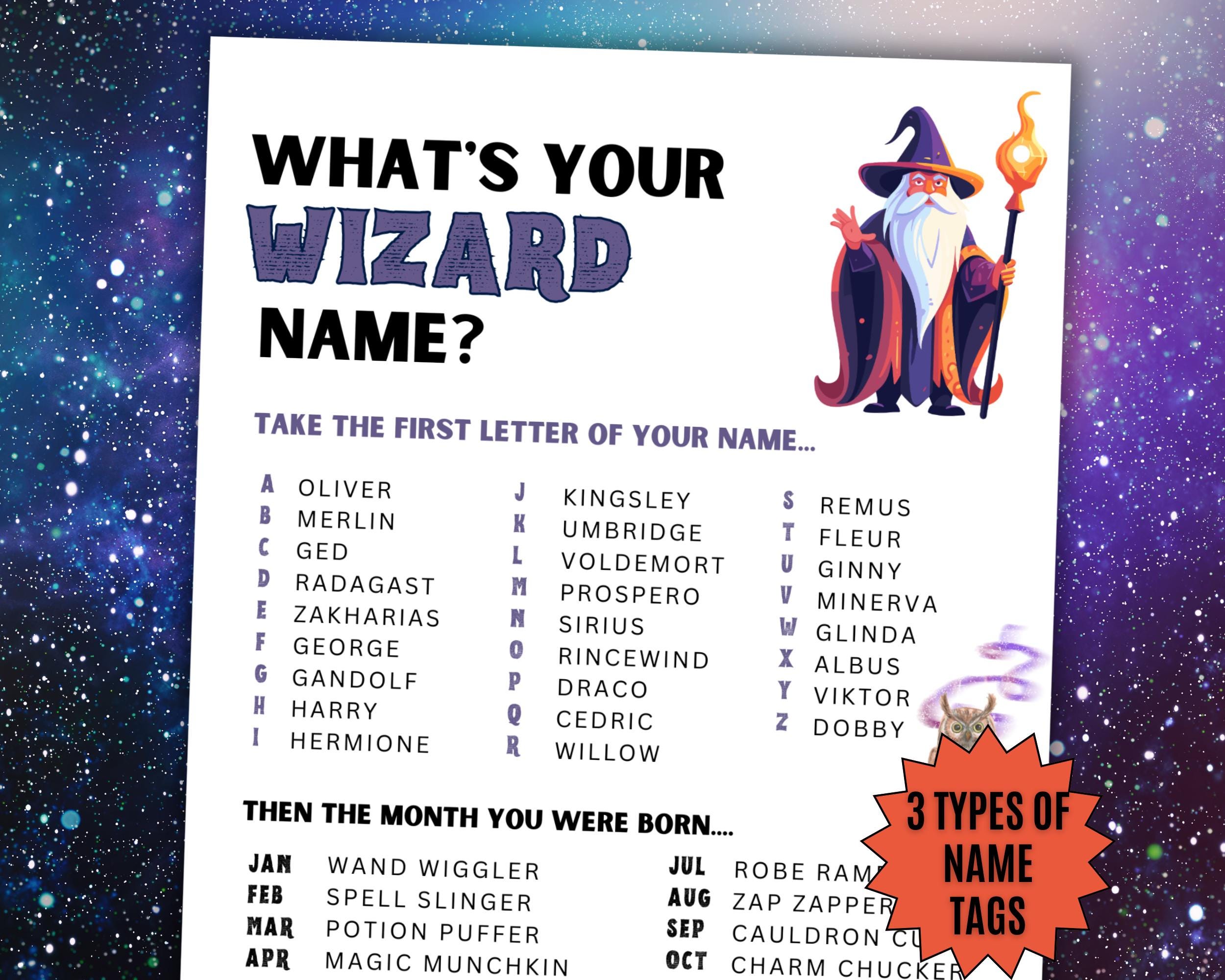 What's Your Wizard Name Game NAME TAGS & SIGN, Wizard Birthday Party ...
