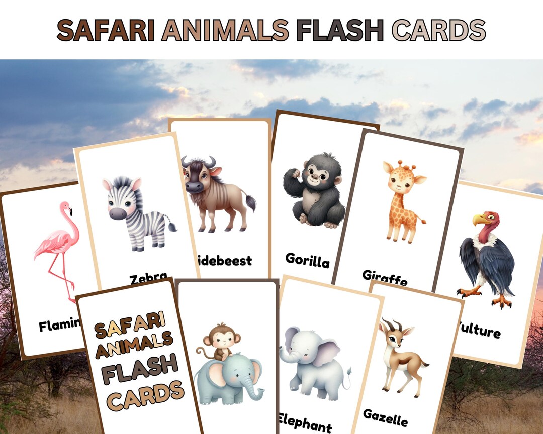 Safari Animals Flashcards, 24 Preschool Printable Educational Cards ...