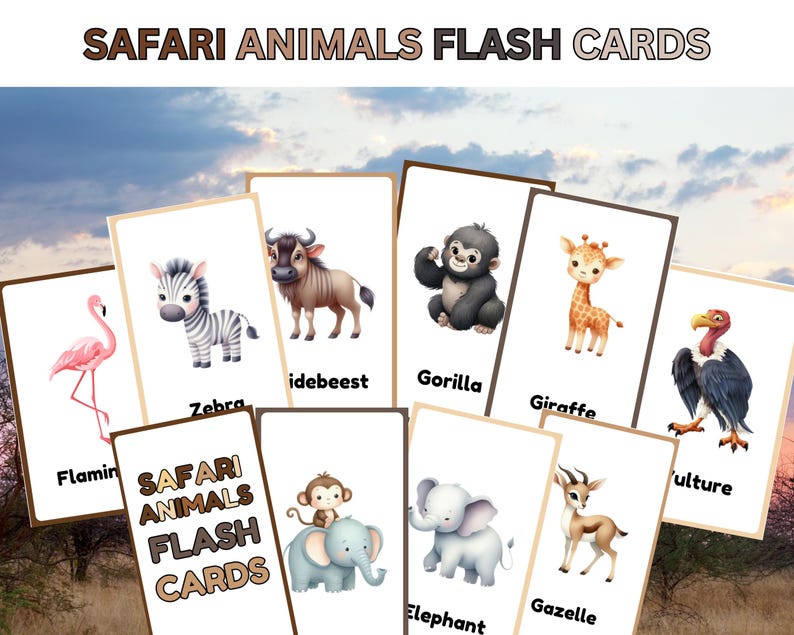 Safari Animals Flashcards, 24 Preschool Printable Educational Cards ...