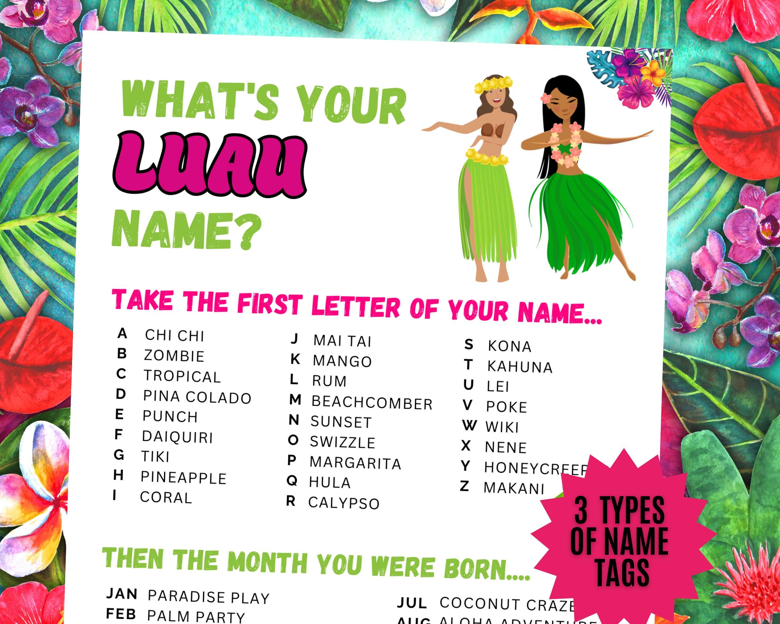 What's Your Luau Name Game, NAME TAGS + SIGN, Hawaiian Party Game ...
