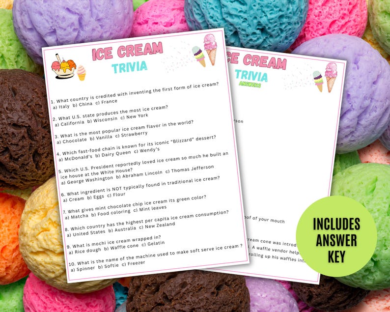 Ice Cream Trivia Game, Fun Printable Quiz Party Game for Kids and ...