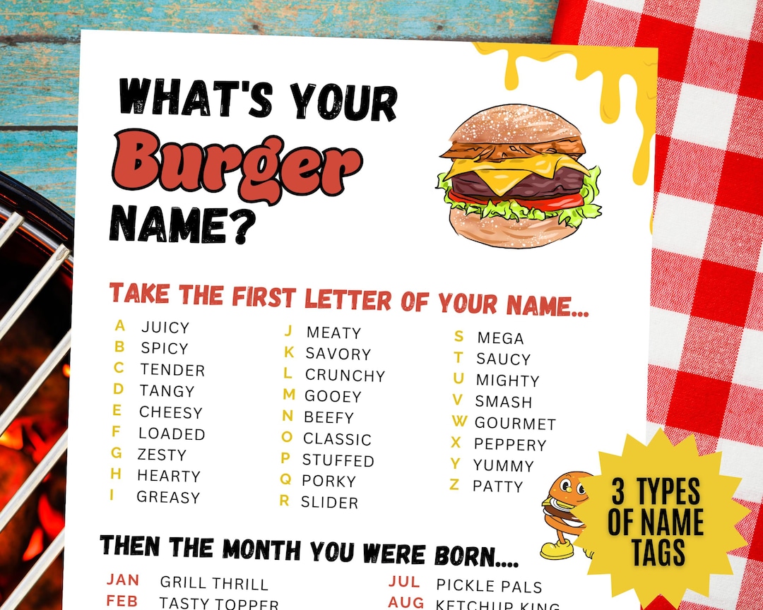What's Your Burger Name Game NAME TAGS + Sign, BBQ Party, Cookout ...
