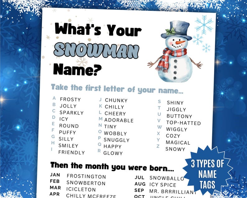 What's Your Snowman Name Game NAME TAGS + SIGN, Printable Holiday Party ...