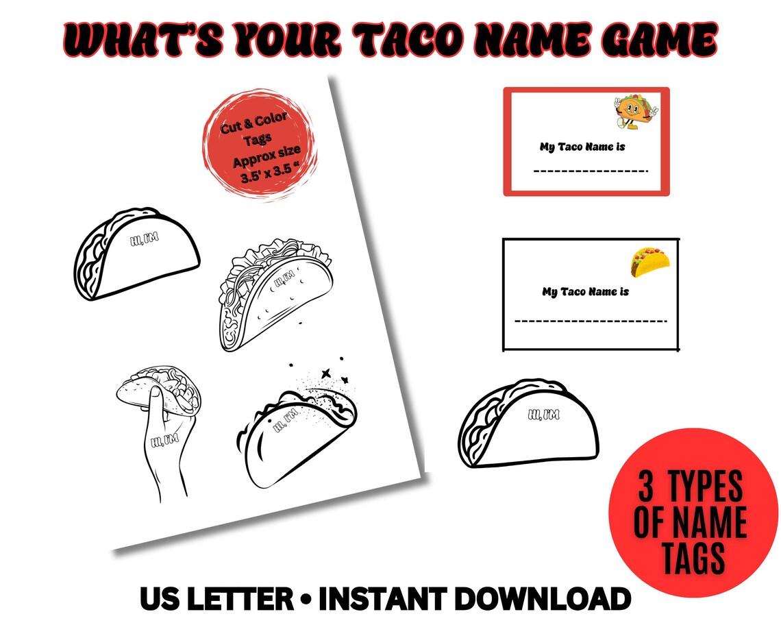 What's Your Taco Name Game, NAME TAGS + SIGN, Printable Mexican Fiesta ...