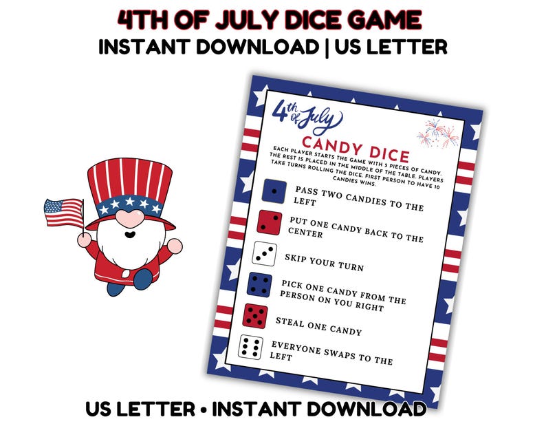 4th of July Rolling Dice Game, Fourth of July Candy Dice Printable ...