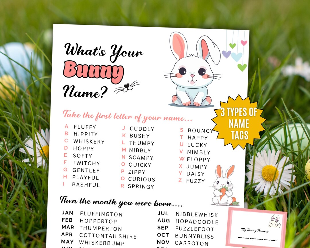 What's Your Bunny Name Game NAME TAGS + SIGN, Bunny Birthday Party ...