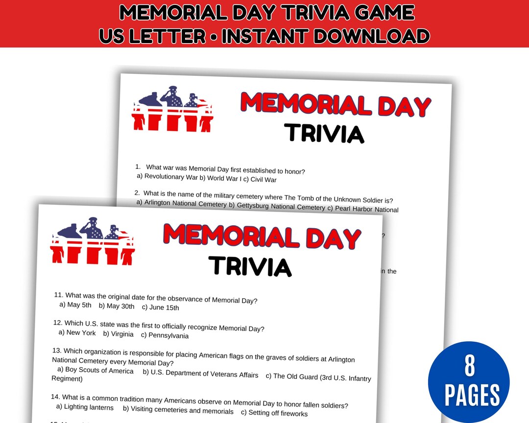 Memorial Day Trivia Game Printable, American History Party, Patriotic ...