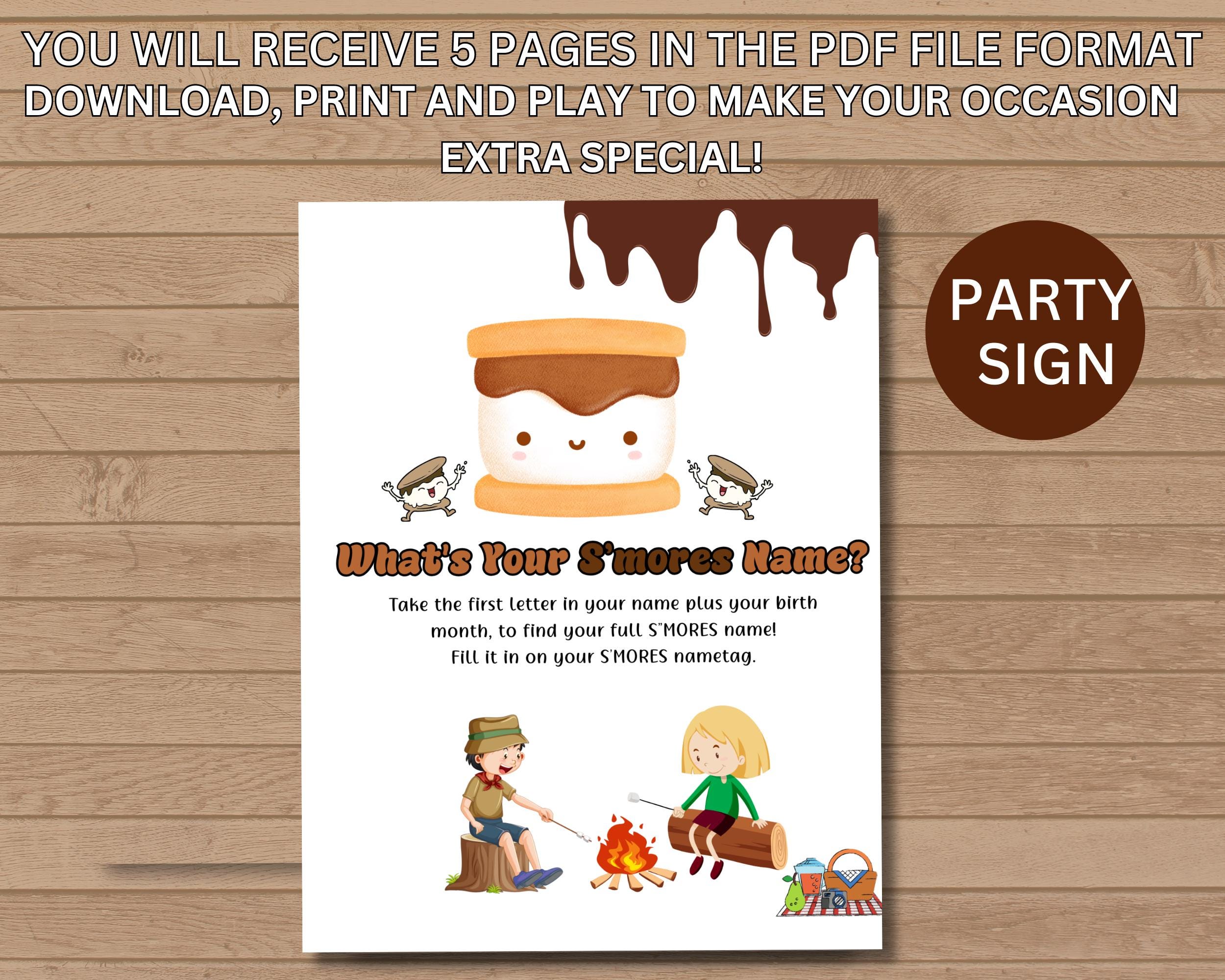 What's Your S'mores Name Game NAME TAGS + SIGN, Smores Bar ...