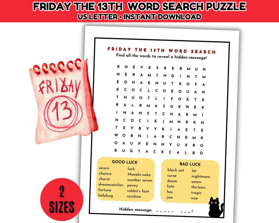 Friday the 13th Word Search Game, Brain Teaser Puzzle, Printable Trivia ...
