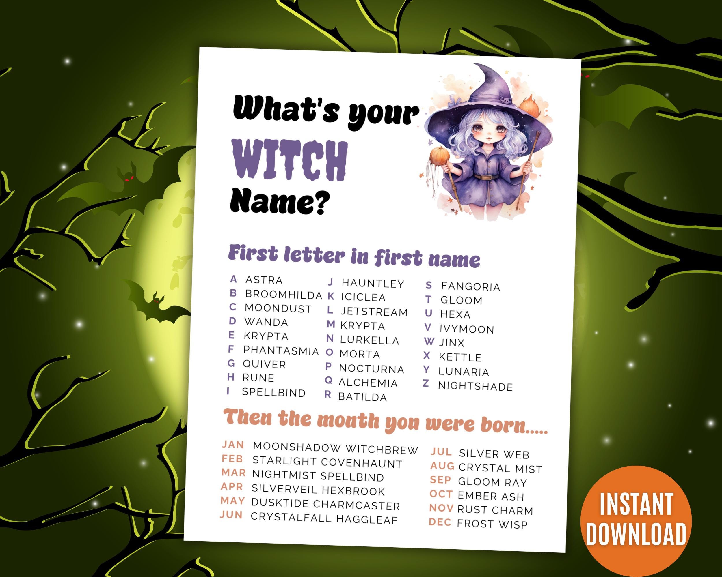 What's Your Witch Name Game, NAME TAGS+ SIGN, Witch Birthday Printable ...