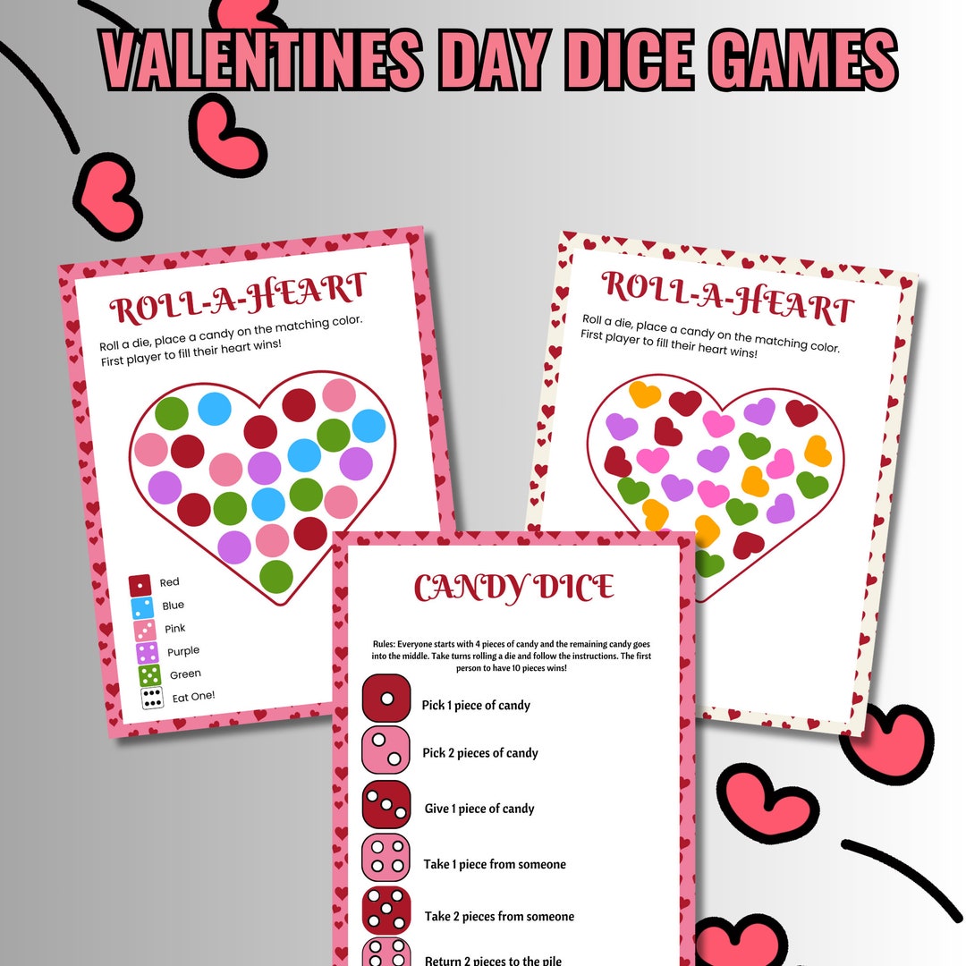 Valentine's Day Candy Game, Printable Rolling Hearts Valentine Games ...