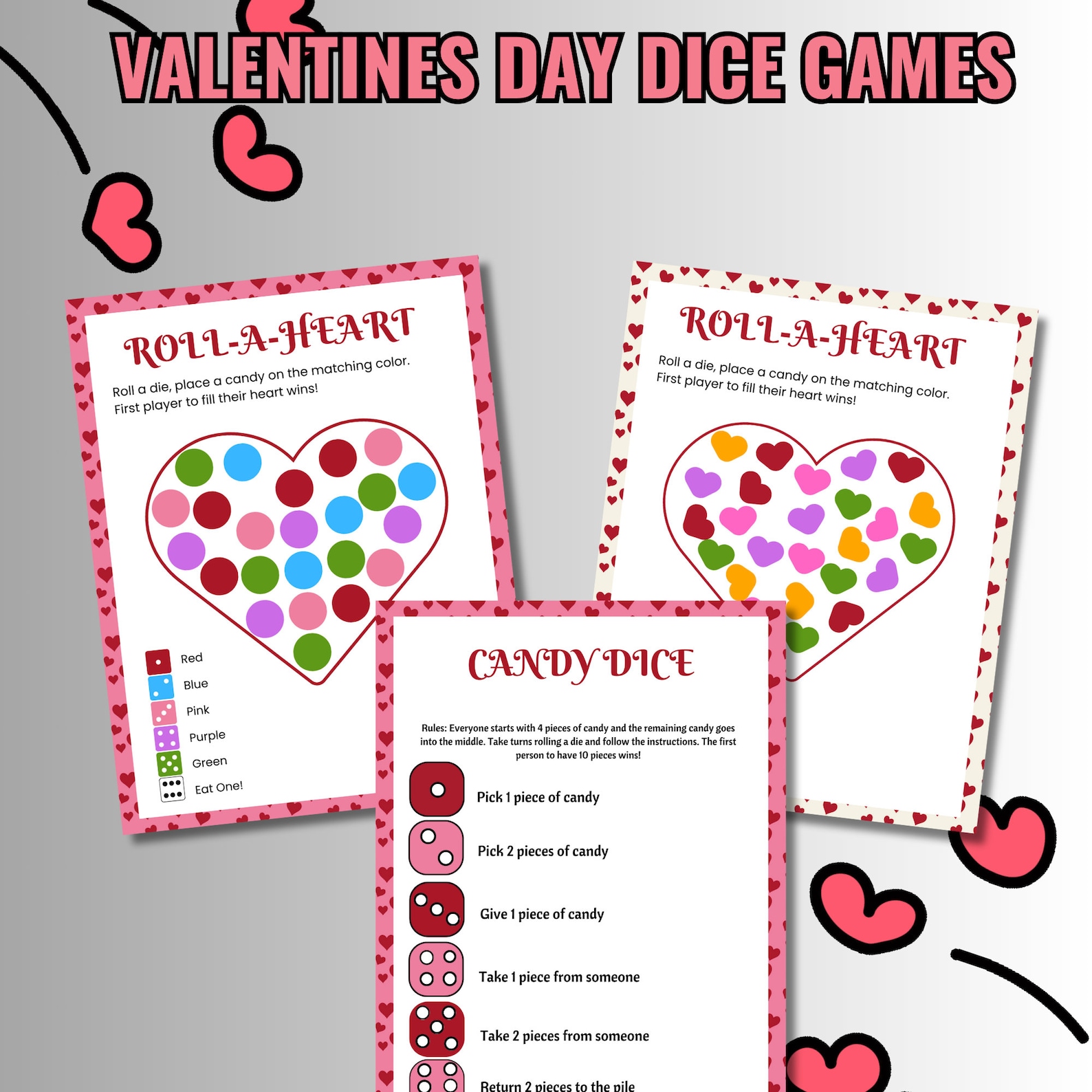 Valentine's Day Candy Game, Printable Rolling Hearts Valentine Games ...