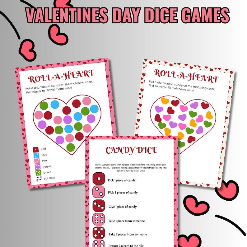 Valentine's Day Candy Game, Printable Rolling Hearts Valentine Games ...