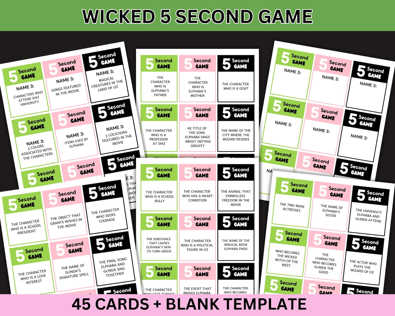 Wicked Theme 5 Second Game, Wicked Movie Musical Themed Party Printable ...