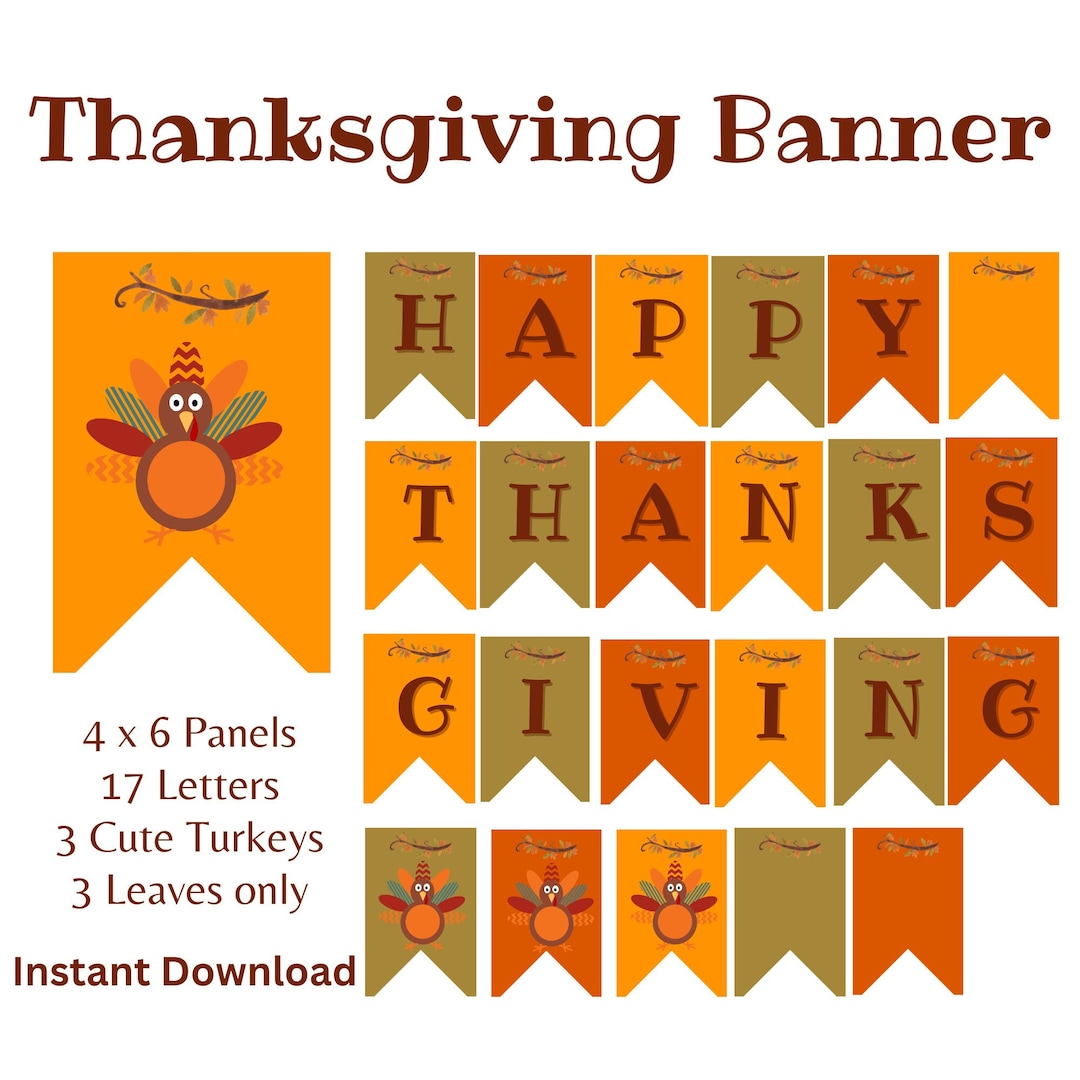 Happy Thanksgiving Banner Printable, Garland, Bunting, Fall Decor Sign ...