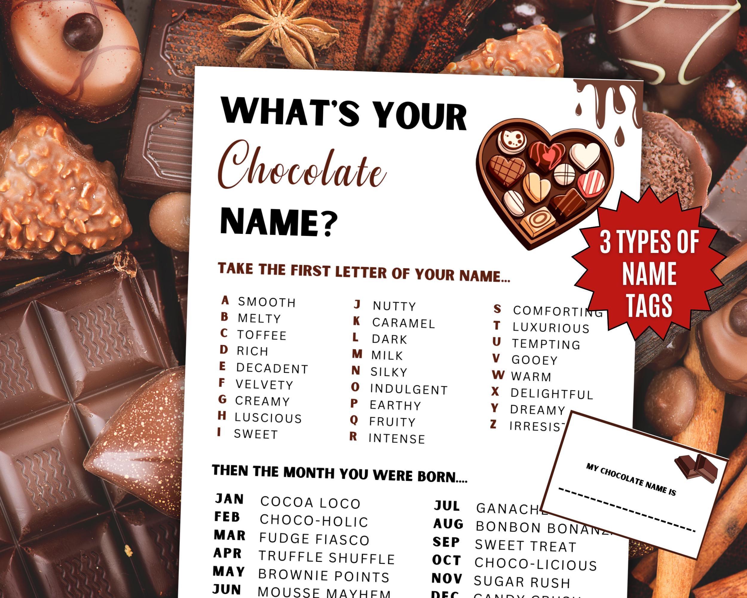 What's Your Chocolate Name Game NAME TAGS + SIGN, Chocolate-themed ...