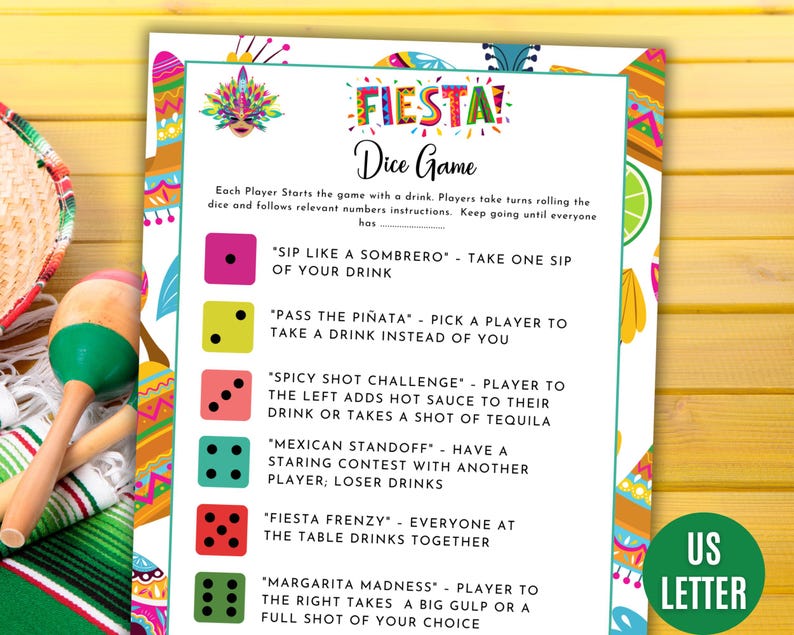 Fiesta Rolling Dice Game Printable, Mexican Themed, Drinking, Cinco De ...