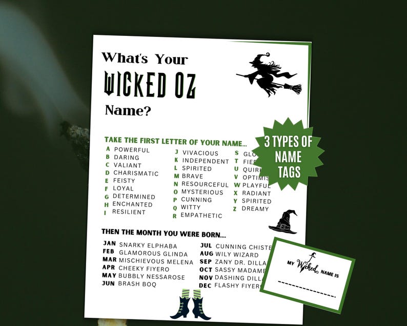 What's Your Wicked Oz Name Game, NAME TAGS + SIGN, Wicked Movie Musical ...