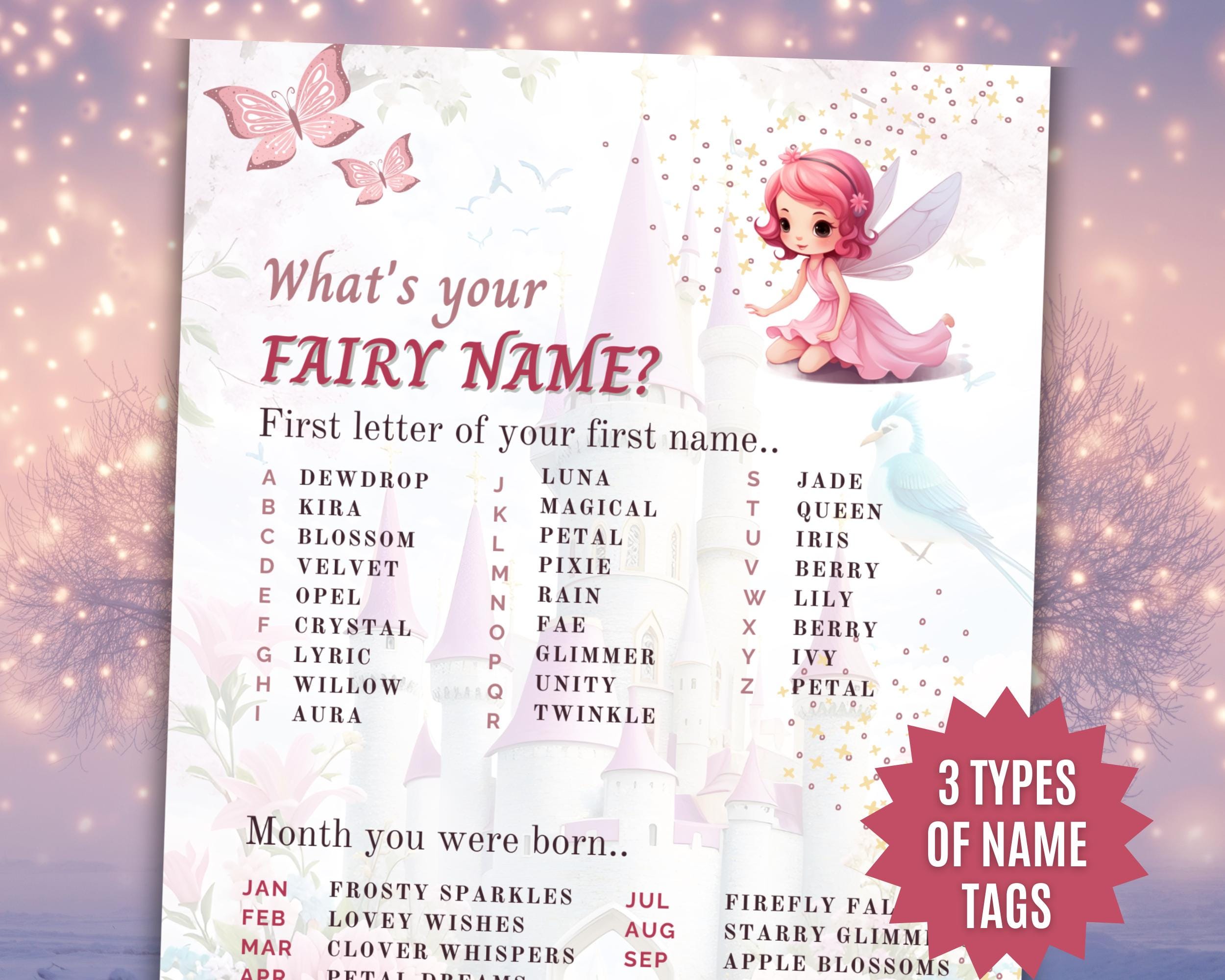 What's Your Fairy Name Game NAME TAGS + SIGN, Fairy-themed Birthdays ...