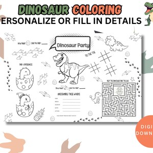 Dinosaur-themed Colorable Placemat, Printable Party Paper Birthday ...