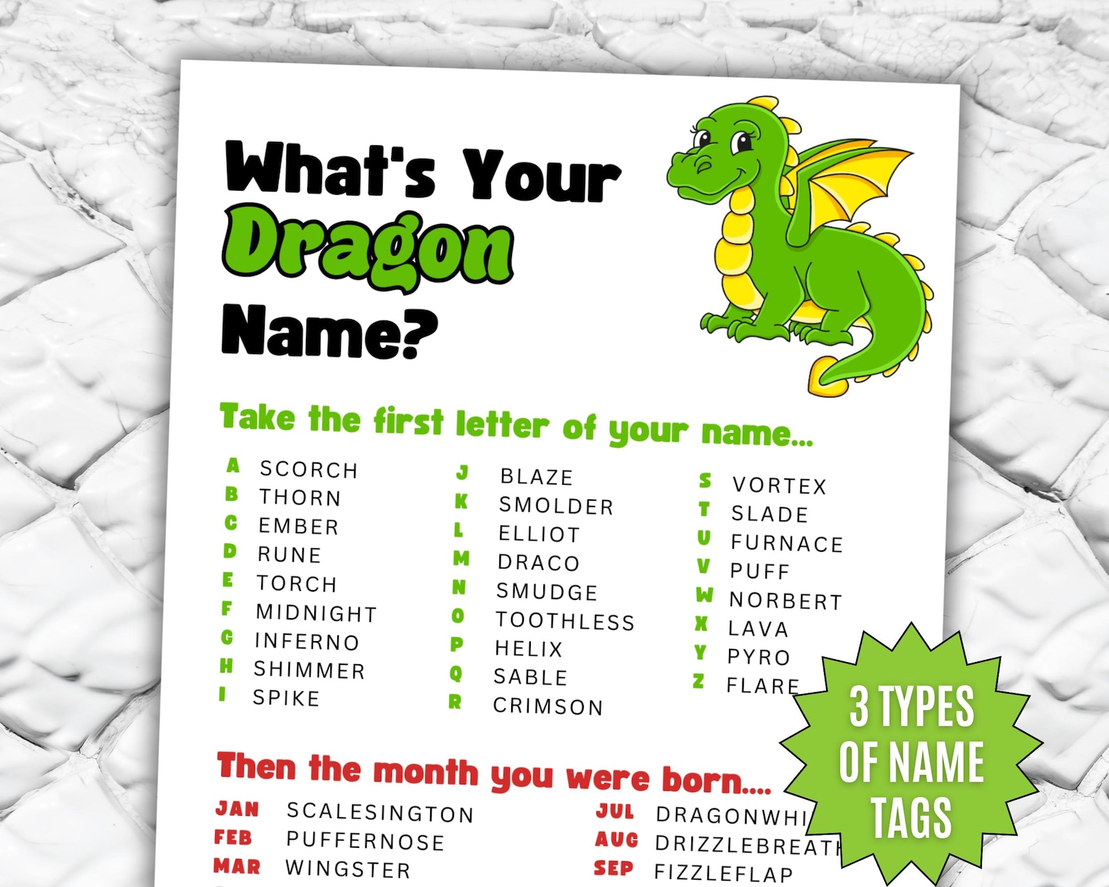 What's Your Dragon Name Game With NAME TAGS + SIGN, Printable Dragon ...