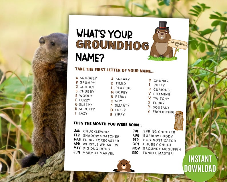 What's Your Groundhog Name Game NAME TAGS + SIGN, Punxsutawney Phil ...