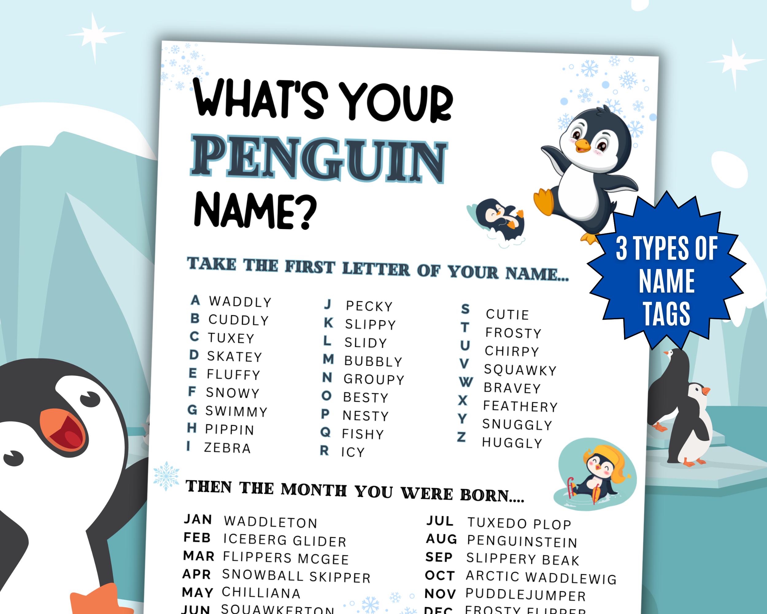 What's Your Penguin Name Game NAME TAGS + SIGN, Penguin Birthday, Baby ...