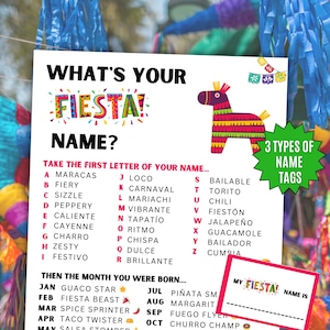 What's Your Fiesta Name Game NAME TAGS + SIGN, Cinco De Mayo Party Game ...