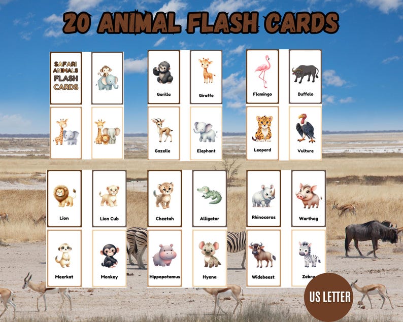 Safari Animals Flashcards, 24 Preschool Printable Educational Cards ...